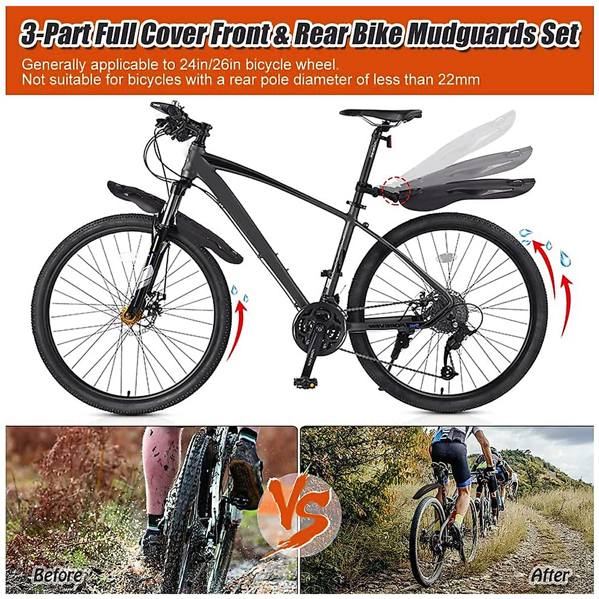 Winmoom Adjustable Bike Fender Set for 22"/24"/26"/27.5"，3 Parts-Universal Full Cover Thicken Widen, Front/Rear Mud Guards Fit for MTB Mountain Road Bike