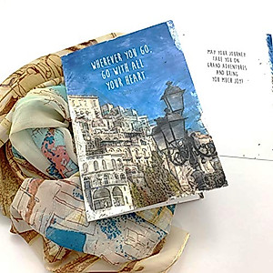 Smiling Wisdom - Retirement Journey Goodbye Greeting Card - Wherever You Go, Go with All Your Heart Gift Set - Chiffon Viscose Scarf - Woman Coworker Grad - Tan Blue Multi-colored (City)