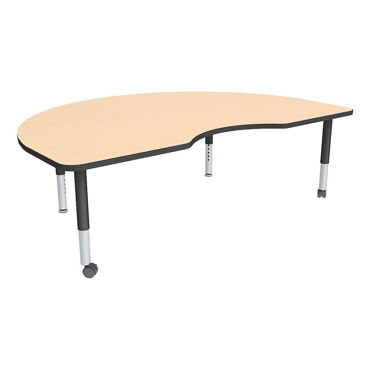 Sprogs Adjustable Height Mobile Classroom Activity Table for Preschools, Kidney Preschool Activity Table with Casters, 48" L x 72" W x 23" H, Maple/Black