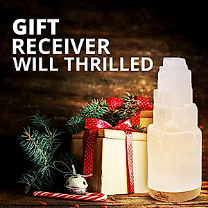 WBM Selenite Crystal Lamp 20cm, Hand Curved Morocco |Skyscraper| Crystals and Healing Stones,(ETL Certified) with Wooden Base & USB Charging Cable For Healing Cleansing & Meditation