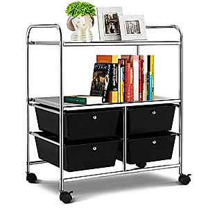 RELAX4LIFE Storage Cart W/Four Drawers, Wheels and Two Shelves, Stable Steel Frame Craft Cart for Office,Home, Make Up Storage and Files Arrangement Storage Cart Organizer (Black)