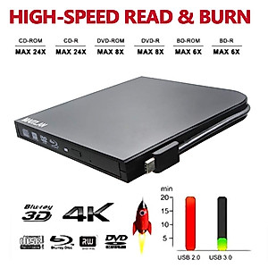 Ultra Slim External 4K UHD HD 3D Blu-ray Disc Player, USB Type-A & Type-C USB-C 2-In-1 6X BD-R BD-RE DL BDXL 100GB DVD-R M-Disc Burner Portable Optical Drive, for Windows 10 Mac OS Laptop & Desktop PC