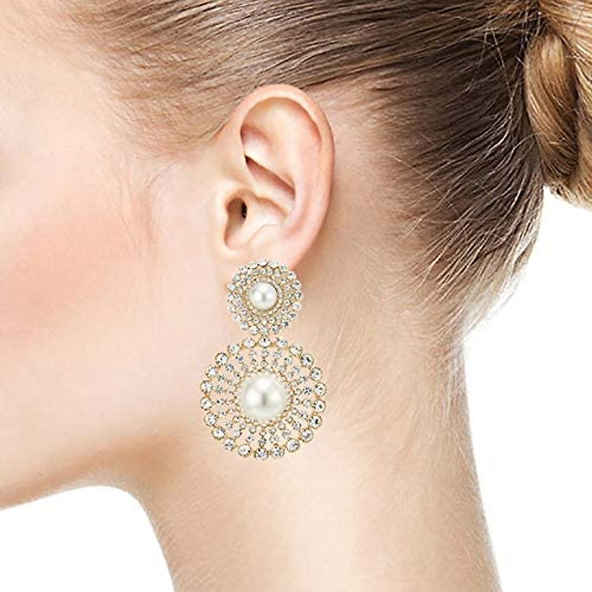 Wedding Rhinestone Synthetic Pearl Cluster Large Circle Flowers Long Drop Statement Earrings Elegant