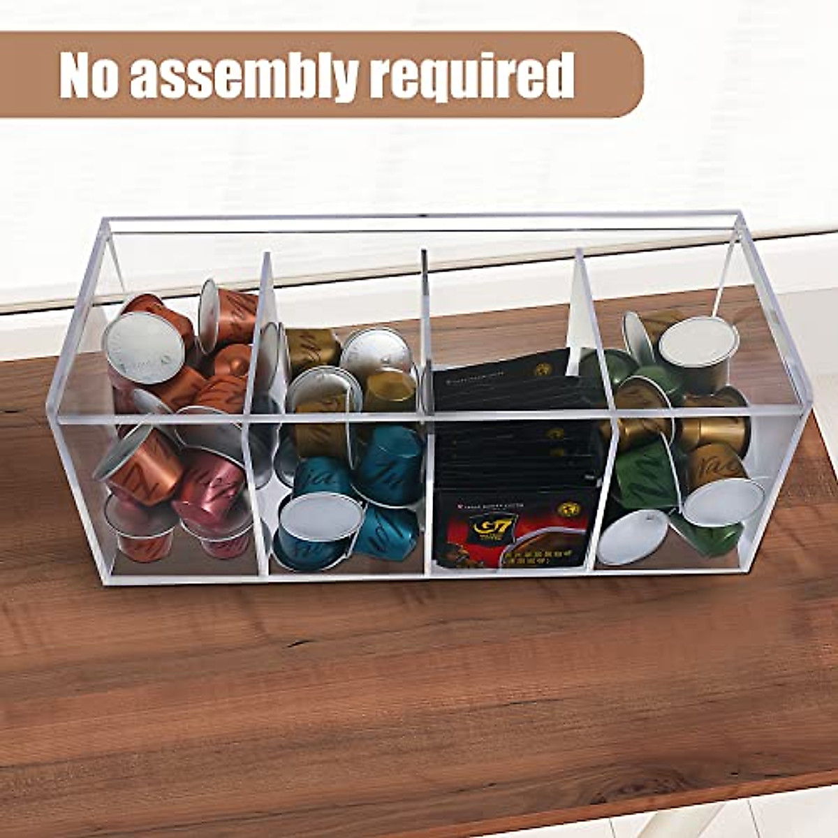 Coffee Pod Holder, Organizer for K Cup, Storage for Coffee Station Counter, Compatible with Nespresso Capsule& Keurig Pods, Coffee Bar Accessories, Acrylic 4 Compartment with Lid - Clear