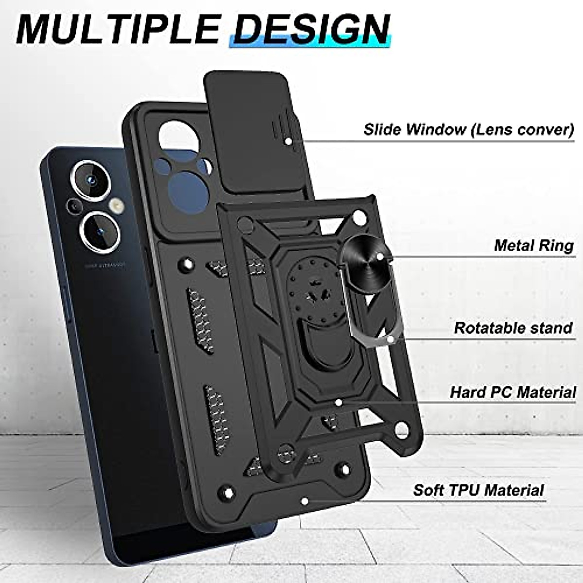 for OnePlus Nord N20 5G Case with HD Screen Protector, Heavy Duty Shockproof Protective Case with Metal Kickstand [Military Grade] Protective Case for OnePlus Nord N20 5G, Black