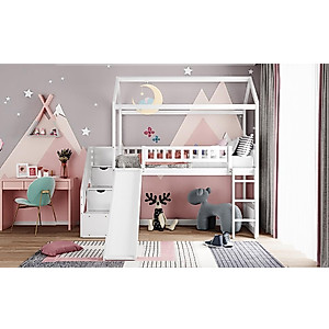 HABUHOME Twin Loft Bed with Stairway and Slide, House Bed with Two Drawers and Ladder, White