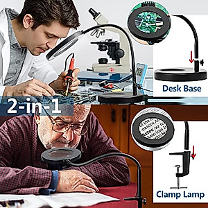 HITTI 10X Magnifying Glass with Light and Stand, 2- in- 1 Flexible Gooseneck Magnifying Desk Lamp & Clamp, 3 Modes Dimmable Hands Free LED Lighted Magnifier for Close Work Workbench Crafts Reading