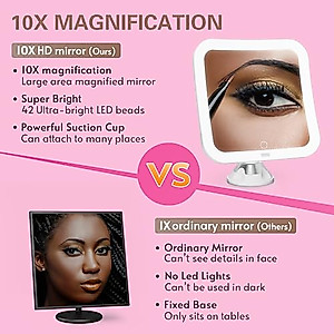 Upgraded 10x Magnifying Lighted Makeup Mirror with Natural White LED Lights, 360°Swivel Portable Cordless Makeup Mirrors with Locking Suction Base for Home Bathroom Shower and Travel (Medium)