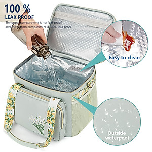 HSHRICH Insulated Lunch Bag for Women/Men, Dual Compartment Waterproof Reusable Large Lunch Box for Adlut Wide-Open Tote Cooler Bag For Working Picnic Hiking (16L, Green-Flowers)