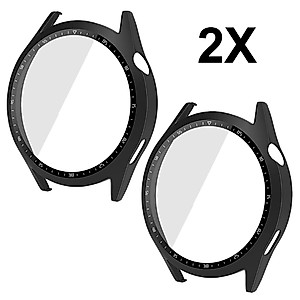Acadeny [2-Pack] Case with Tempered Glass Screen Protector Compatible for Huawei Watch GT3 46mm, 9H Hardness 360° All-Round Protective Ultra Thin Protective PC Case Cover for - Black Black, 2black