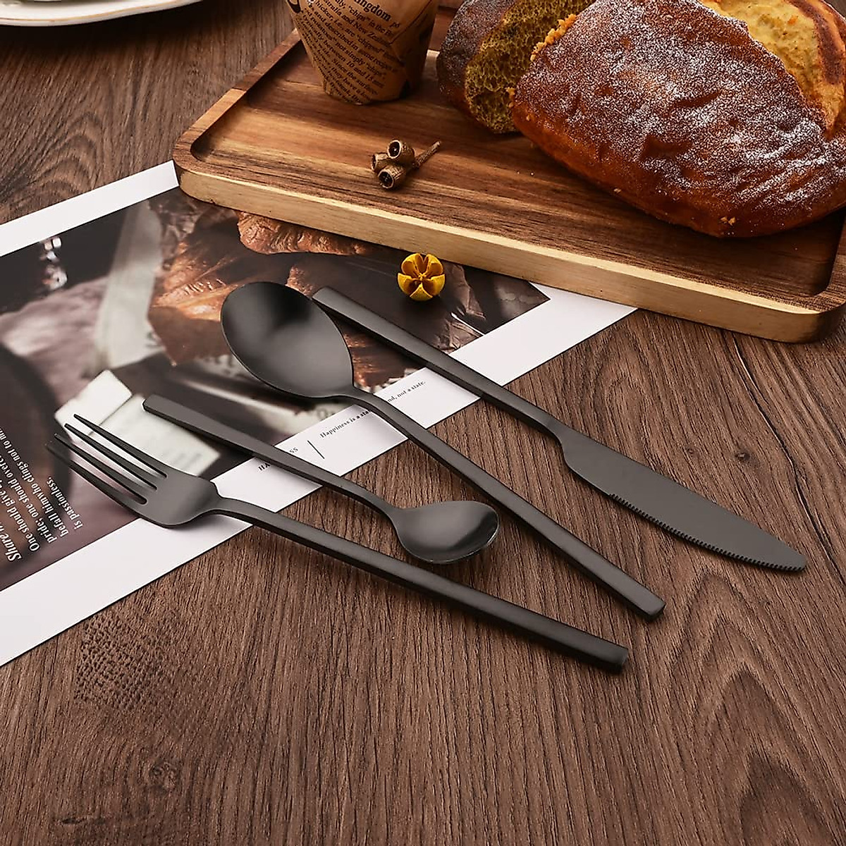 Uniturcky 16 Pcs Modern Silverware Flatware Sets, Stainless Steel Cutlery Set for 4, Forks Spoons and Knives Set for Home kitchen Restaurant, Square Handle Utensils, Matte Black