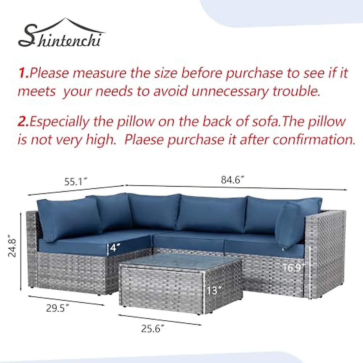 Shintenchi 5 Pieces Outdoor Patio Sectional Sofa Couch, Silver Gray PE Wicker Furniture Conversation Sets with Washable Cushions & Glass Coffee Table for Garden, Poolside, Backyard (Aegean Blue)