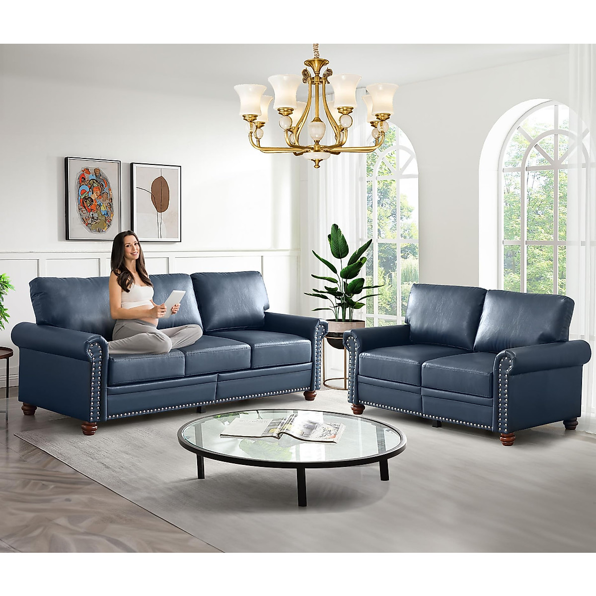 Antetek Comfy Upholstered PU Leather Sofa, 82.6-inch Mid-Century Modern Loveseat Sofas with Storage Space & Solid Bun Feet, 3-Seater Couches for Living Room Small Space, Bedroom, Navy Blue