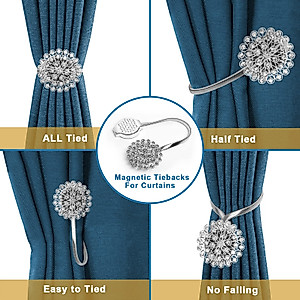 MYDAYTIN Silver Crystal Decor Curtain Tiebacks Magnetic Curtain Tieback, Crystal Flower Curtain Tiebacks with High Stretchy Wire Rope, Flower Curtain Buckle for Home, Office, Window Decoration