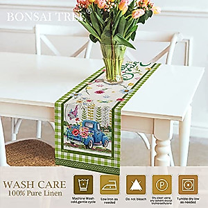 Spring Table Runner, Hello Spring Table Runners 72 Inches Long, Blue Truck with Gnomes Seasonal Runner, Flowers Blossoms Green Buffalo Plaid Small Coffee Table Cloth for Home Dining Room