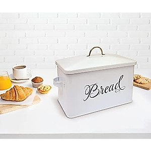 Better Kitchen Products Classic Metal Bread Box with Side Handles, Large Capacity (2 Bread Loaves), Farmhouse Bread Bin for Kitchen Countertop, Steel Bread Storage Container with Lid, White
