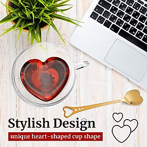 Lucy Sui Heart Shaped Cup - Double Walled Insulated Glass Coffee Mug or Tea Cup - Double Wall Glass 8oz (240ml) - Clear - Unique & Insulated with Handle - With Teaspoon