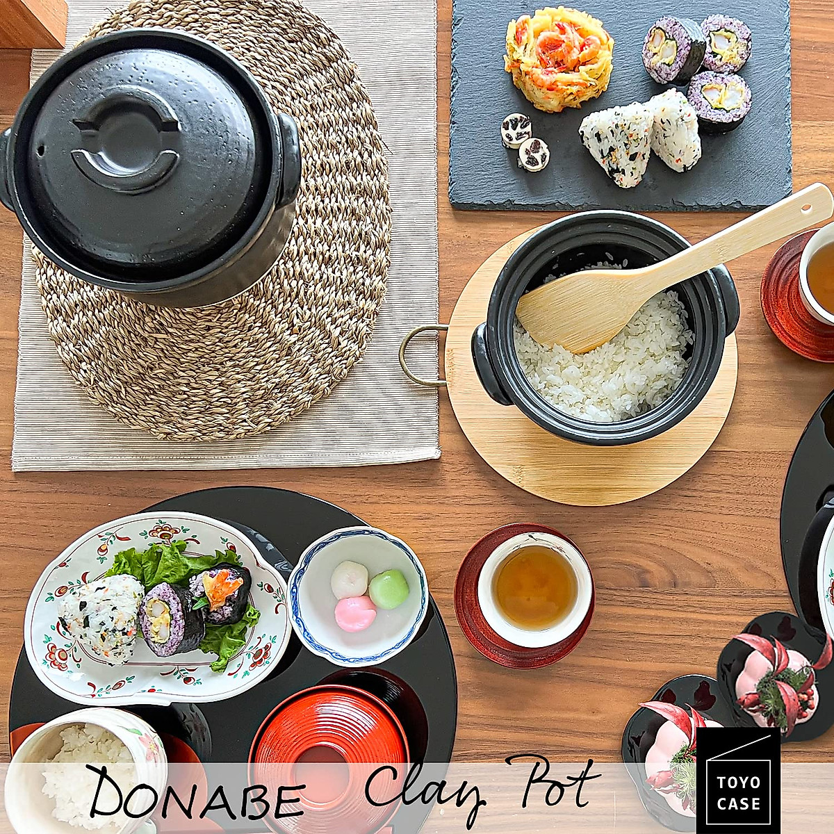 DONABE Clay Rice Cooker Pot Casserole Japanese Style made in Japan for 2 to 3 cups with Double Lids, Microwave Safe