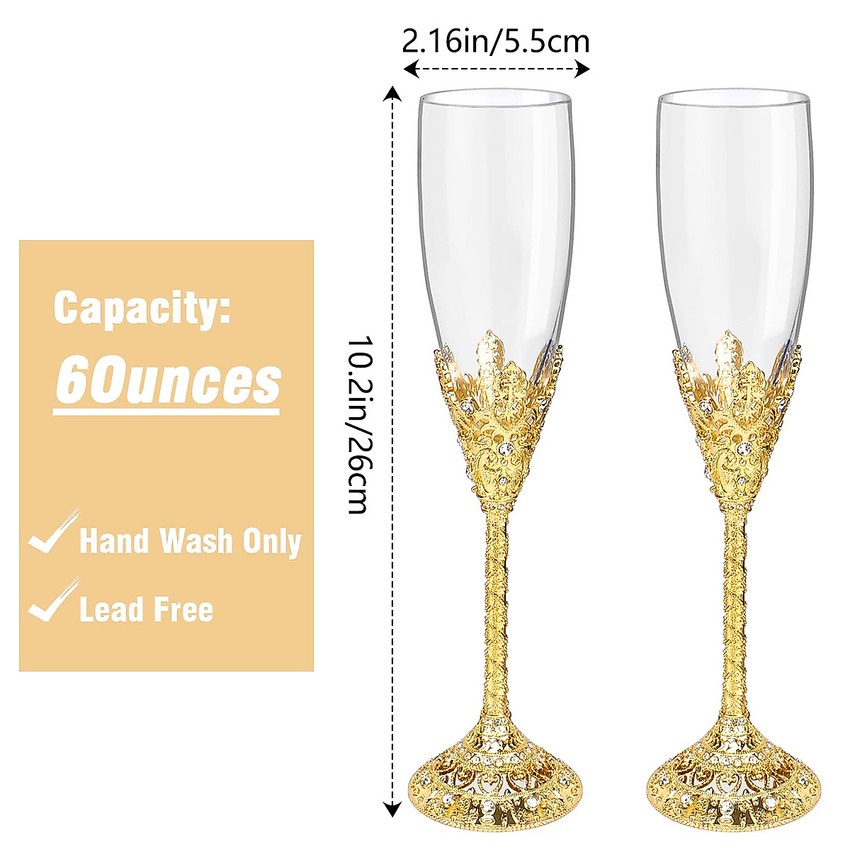 Jozen Gift Gold Champagne Flutes - Crystal Glasses&Metal Base With Crystal Stone, Set of 2 Toasting Flute Pair, Wedding Anniversary, Party Birthday Banquets Gifts for Bride and Groom 6 oz