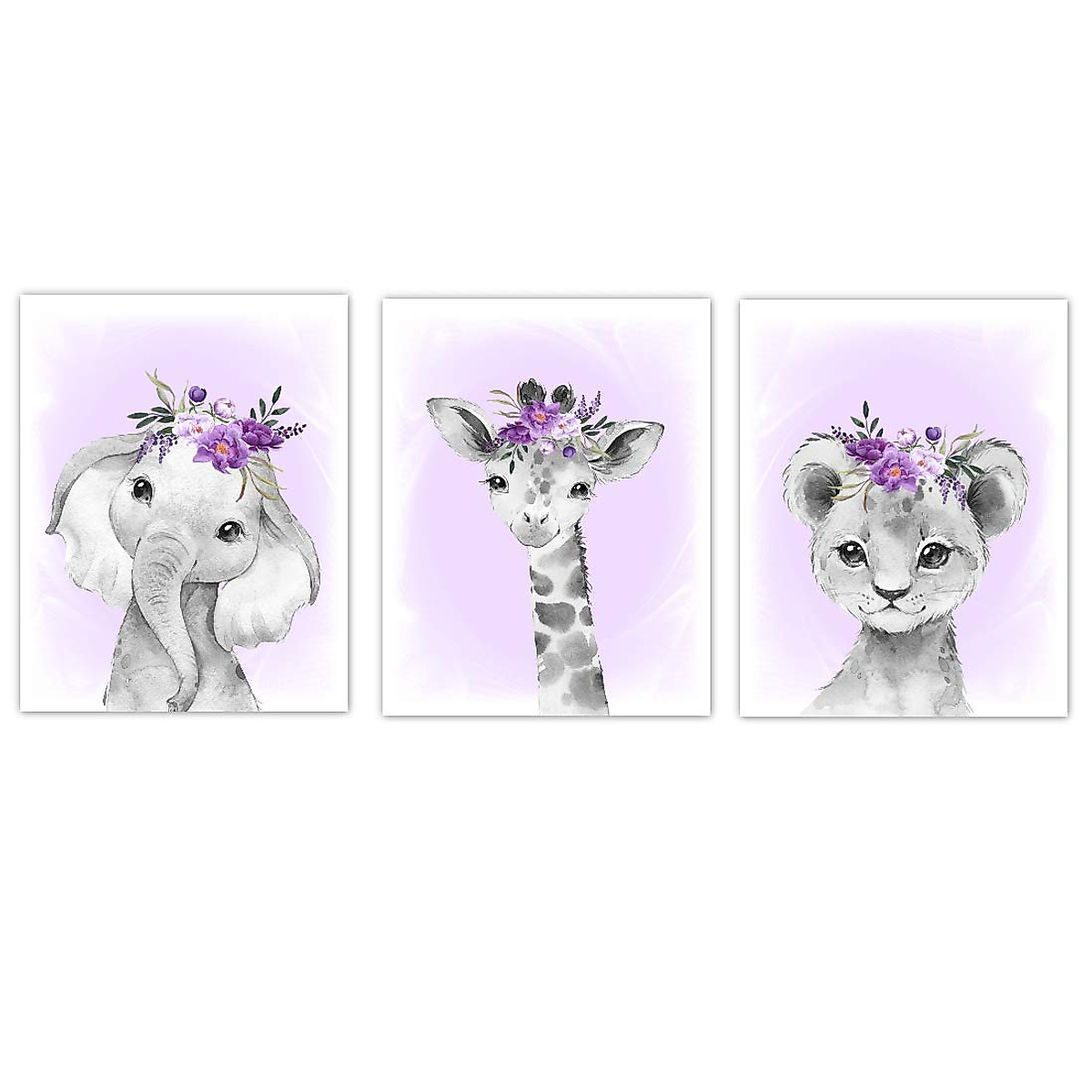 Baby Girl Nursery Art Purple Elephants Giraffe Lion Flowers Wall Decor 3 UNFRAMED PRINTS
