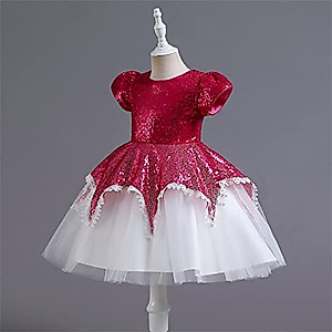 French Fancy Dress Kids Toddler Baby Girls Summer Floral Cotton Short Sleeve Glitter Dress Beauty Party Dress (Hot Pink, 9-10 Years)