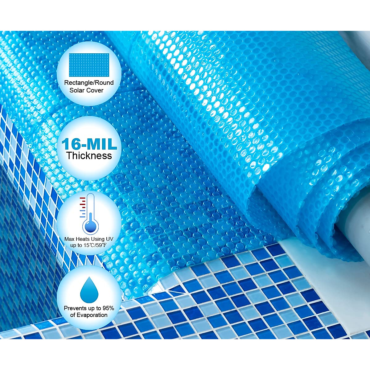 AURSK Solar Pool Cover for Above Ground and In Ground Swimming Pools, 16-mil 12ft x 24ft Rectangle Heavy-Duty Heat Retaining Pool Solar Blanket | Blue 1600 Series