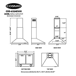COSMO COS-6324EWH Wall Mount Range Hood, Chimney-Style Over Stove Vent, 3 Speed Fan, Permanent Filters, LED Lights in Stainless Steel (24 inch)