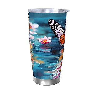 AYCZN Butterfly Flower Water 20 OZ Tumbler Stainless Steel Travel Coffee Mug, Spring Floral Insulated Water Bottle with Lid and 2 StrawsLeakproof Thermal Cup