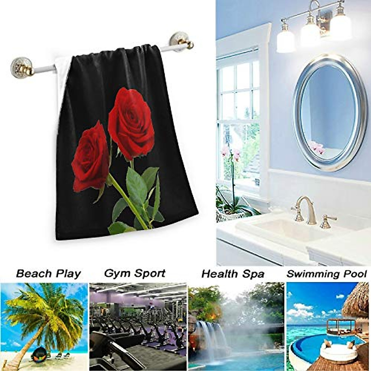 Naanle 2 Piece 3D Beautiful Couple Red Rose Flower Absorbent Soft Fluffy Guest Hand Towels, Multipurpose Decor for Bathroom, Hotel, Gym and Spa (14" x 28",Black)