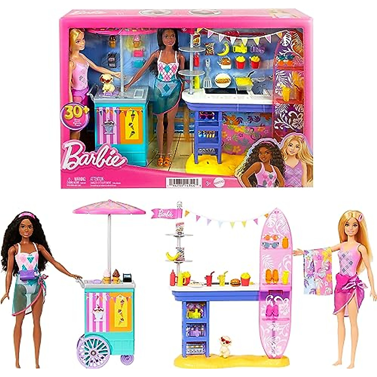 Barbie Dolls & Accessories Playset, Beach Boardwalk with Barbie “Brooklyn” & “Malibu” Dolls, Food Stand, Kiosk & 30+ Accessories