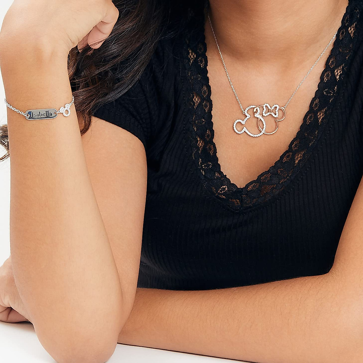 Disney Jewelry for Women, Mickey and Minnie Mouse Sterling Silver and Flash Plated Interlocking Necklace; 18"