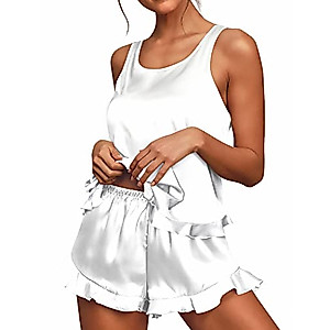 Ekouaer Silk Pajamas for Women Cute Pj Ruffled Nightwear Tank and Shorts Sleepwear Set White M