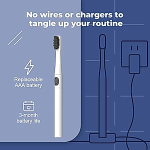 Kroey sonic electric toothbrush powered by battery with 2 brush heads， DuPont activated carbon bristles IPX7 Waterproof for Adults and Kids (White)