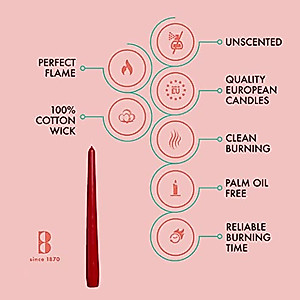 BOLSIUS Dark Red Taper Candles - 10 Inch - 8 Hours Burn Time - 10 Pack Dinner Candle Set - Premium European Quality - Consistent Smokeless Flame - Unscented Dripless Household Candlesticks