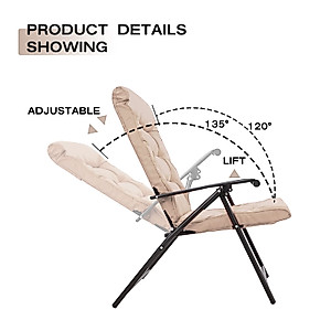 Omelaza 3 Pieces Patio Padded Folding Chair, Outdoor Adjustable Reclining Lounge Chairs with Tempered Glass Table (Beige)