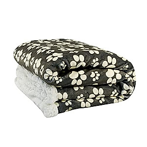 long rich Printed Dog paw Flannel Reverse to Sherpa Throw Blanket, Gray, by Happycare Textiles