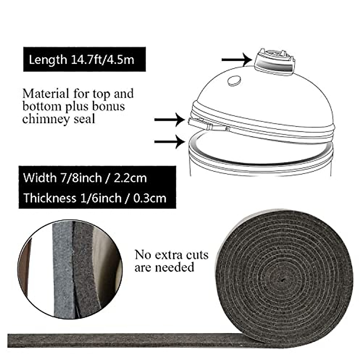 Smoker Gasket Seal, High Temp Grill Gasket Replacement, 14.7FT 7/8"x1/6" BBQ Smoker Gasket, Pre-Shrunk Accessories Self Stick Tape Felt High Seal Material