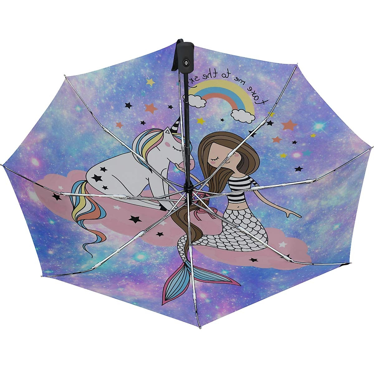 Wamika Cute Mermaid Unicorn Auto Umbrella Open Close Shining Stars Galaxy Umbrellas Windproof Travel Umbrella Lightweight Compact Parasol Umbrellas Sun & Rain