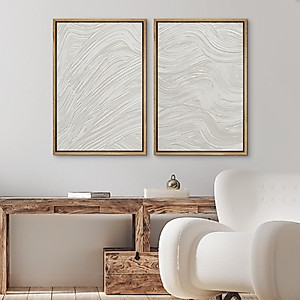 Ashbrook Framed Canvas Print Wall Art Set White Gray Paint Stroke Waves Abstract Shapes Illustrations Modern Art Minimal Decorative Chic for Living Room, Bedroom, Office - 16"x24"x2 NATURAL