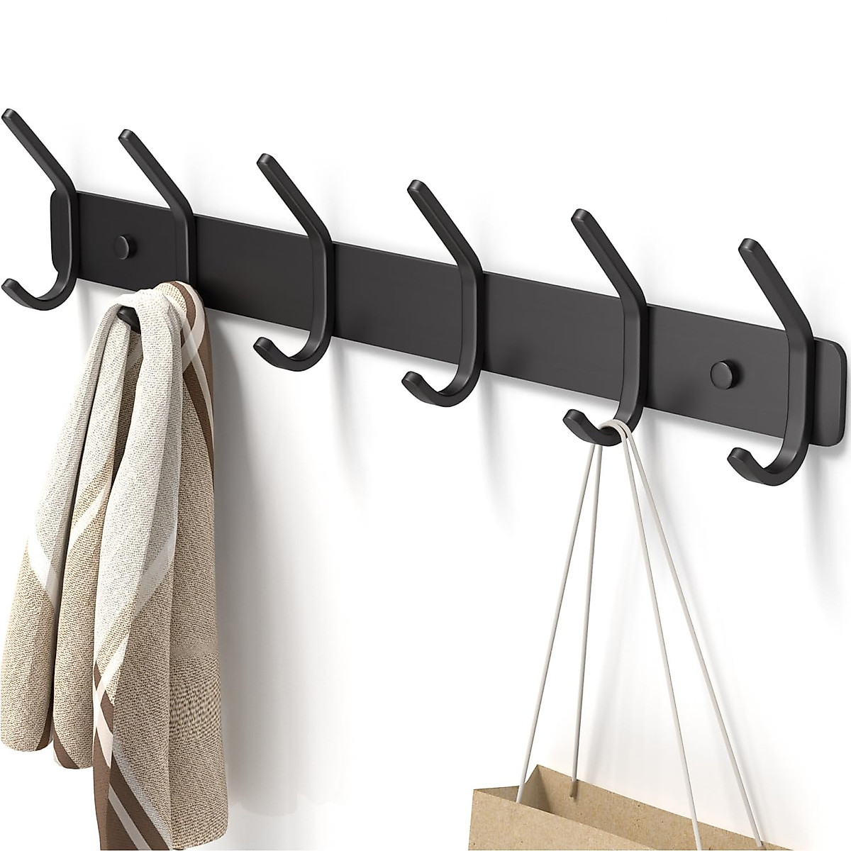 GWAAZXGZ Coat Rack Wall Mount Hooks - Black 15 Inch Coat Hooks with 6 Double Hooks for Hanging, Hat Rack for Wall, Suitable for Kitchen and Bathroom, 1 Pack