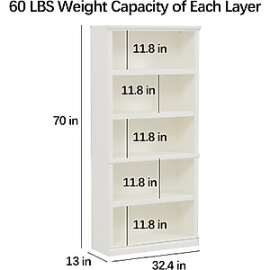 Bevfint 70 in Tall Bookcase, White Bookshelf Open Storage 5 Tier Shelves, 33 inch Wide Floor Standing Bookshelves, Book Case for Home School Library Office Bedroom Kids, White