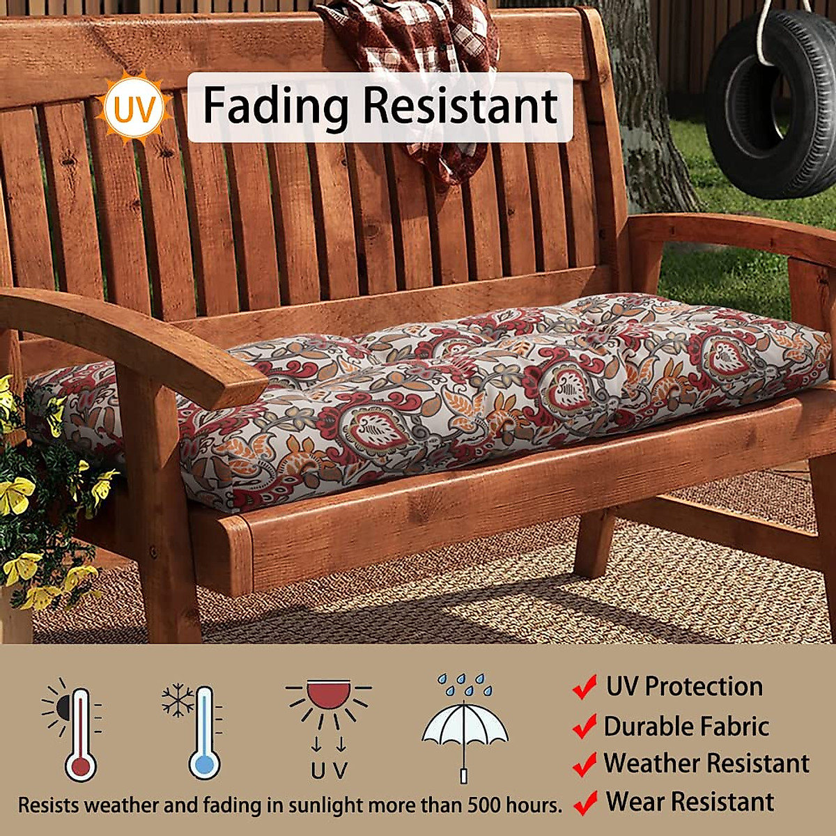 Magpie Fabrics Patio Bench Cushion 45"x18", Indoor/Outdoor Non-Slip Water Resistant Long Seat Pads, Tufted Loveseat Cushion for Swing, Settee, Window, Garden, Wicker, Front Porch (Botanical Red)