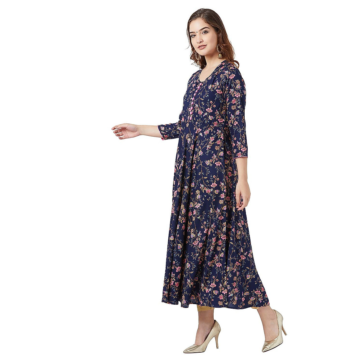 Tissu Women's Navy Blue & Pink Floral Printed Flared Kurta (Blue_S)