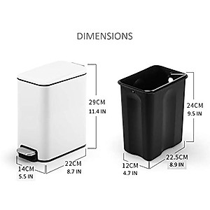 Bathroom Trash Can Wastebasket with Soft Close Lid - Rectangular Slim Narrow Stainless Steel Step Garbage Can for Craft Room Bedroom Kitchen Office - Removable Inner Bucket 5L/1.3 Gal (White)