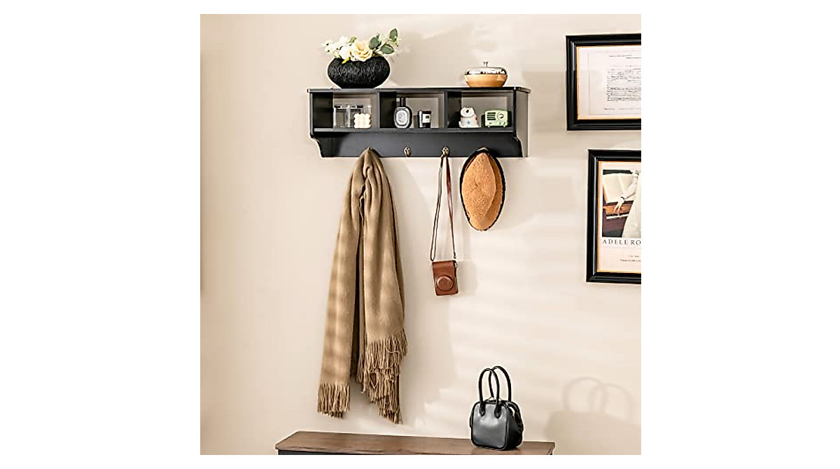 Giantex Hanging Shelf with Hooks Wall Mount Cubby Organizer with 4 Dual ...