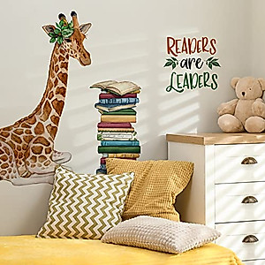 Mfault Giraffe Reading Corner Baby Boys Girls Wall Decals Stickers, Readers are Leaders Woodland Animals Read Books Nursery Playroom Decorations Bedroom Classroom Art, Kids Library Toddler Room Decor