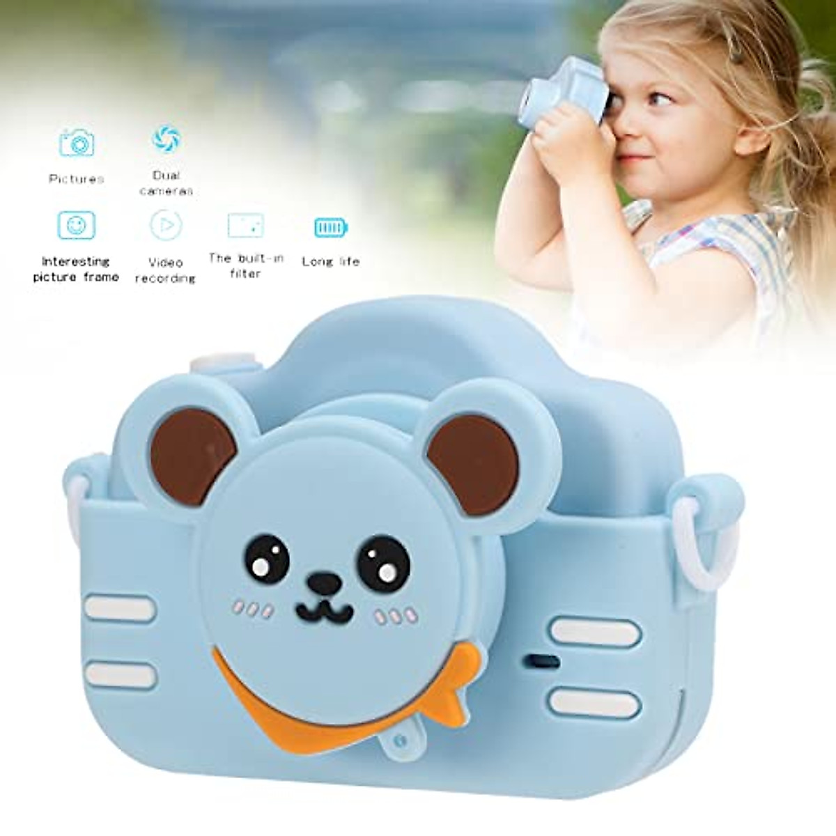 Children Digital Camera, Anti Skid Rounded Shape Built in Puzzle Games 15 Frames Kids Camera for Toddler for Travel(Blue)