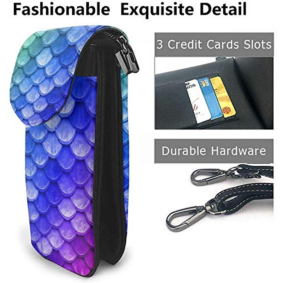 Colorful Rainbow Mermaid Scales Blue Women Soft PU Leather Cellphone Purse Wallet Handbag Small Crossbody Shoulder Bag