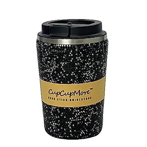 Cupcupmore 12 oz Bling Black Rhinestone Stainless Steel Coffee Tumbler,Shiny Travel Insulated Coffee Mug with Lid, Reusable Spill Proof Coffee Cup,Portable Thermal Mug for Hot and Cold