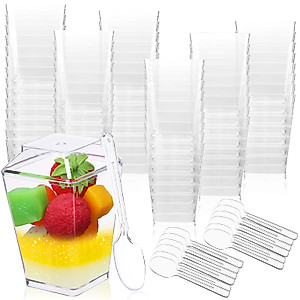 Mimorou 200 Pack 5 oz Dessert Cups with Lids and Spoons Square Clear Plastic Appetizer Cups Parfait Cups Dessert Shot Glasses for Party Wedding Birthday Desserts Appetizers Puddings Mousse